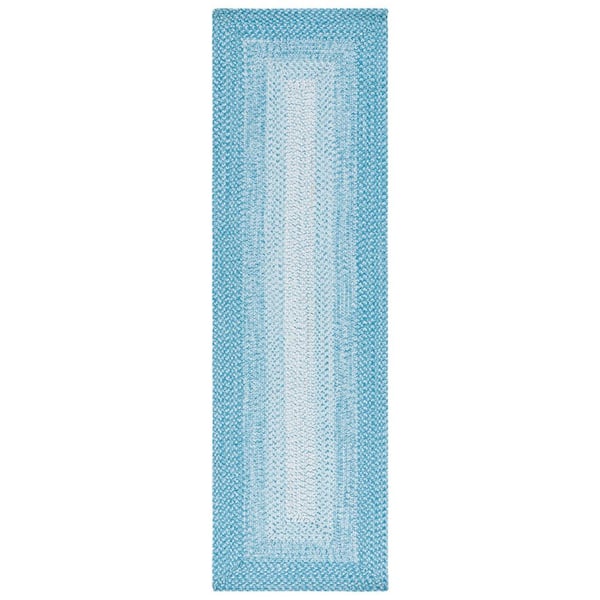 SAFAVIEH Braided Aqua 2 ft. x 8 ft. Machine Washable Ombre Border ...