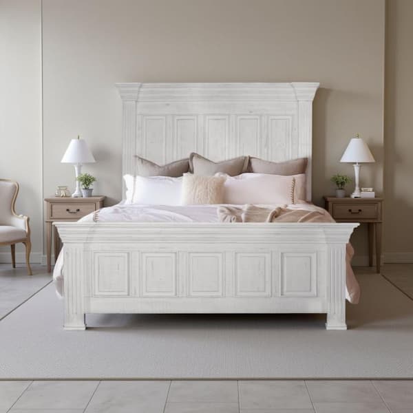 Benjara Abi White Wood Frame Queen Size Panel Bed with Classic Molded Frame Design BM307458 ...