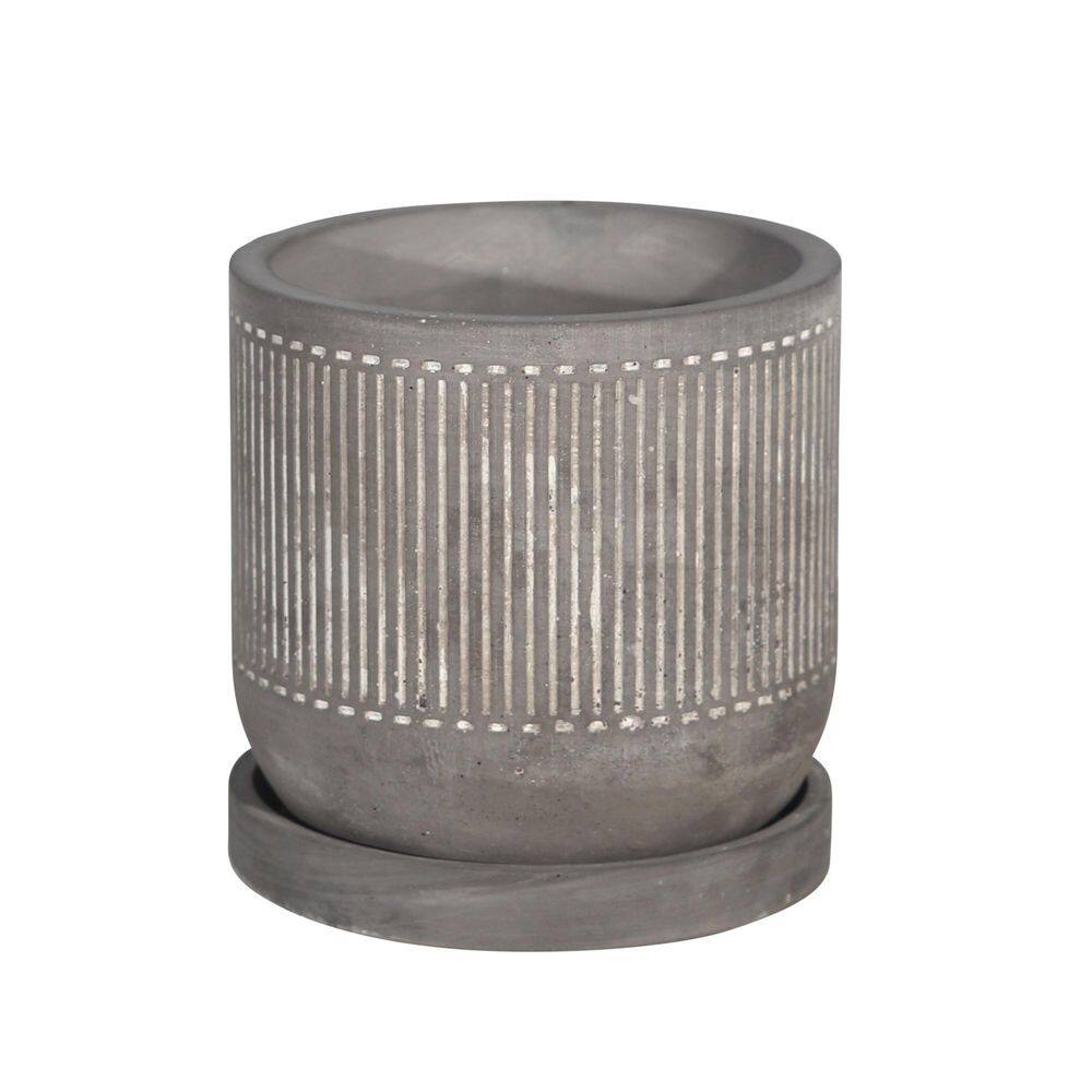 Vynxaria Gray Cement Trough Planter with Vertical Lines and Saucer, 5 ...