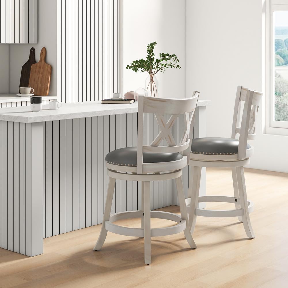 Costway 25.5 in. Antique White High Back Wood Swivel Bar Stool Counter ...