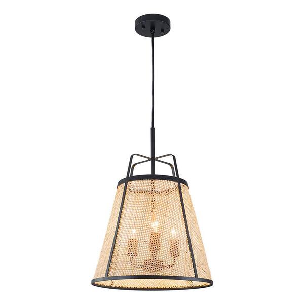 Y'INSP Ravia 14.2 in. 3-Light Matte Black Pendant Light with Handwoven ...