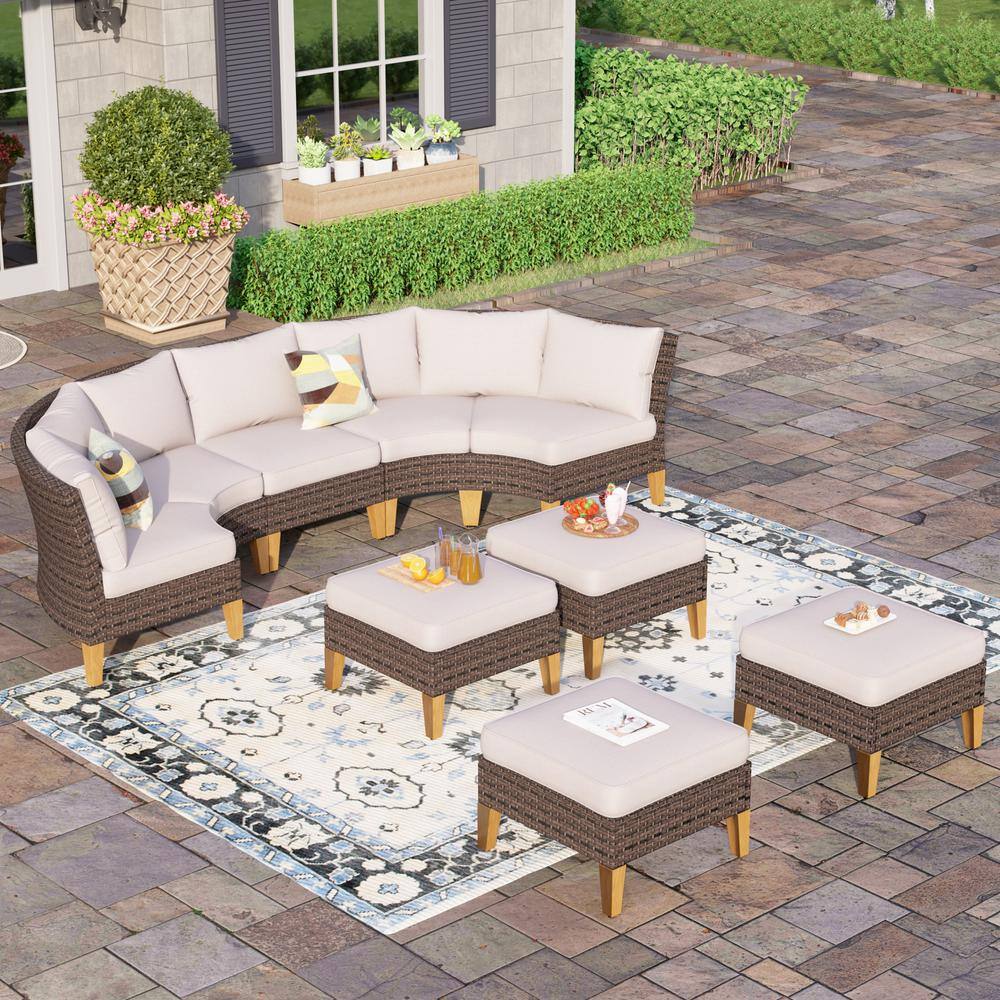 PHI VILLA Brown Rattan Wicker 9 Seat 9-Piece Steel Outdoor Patio ...