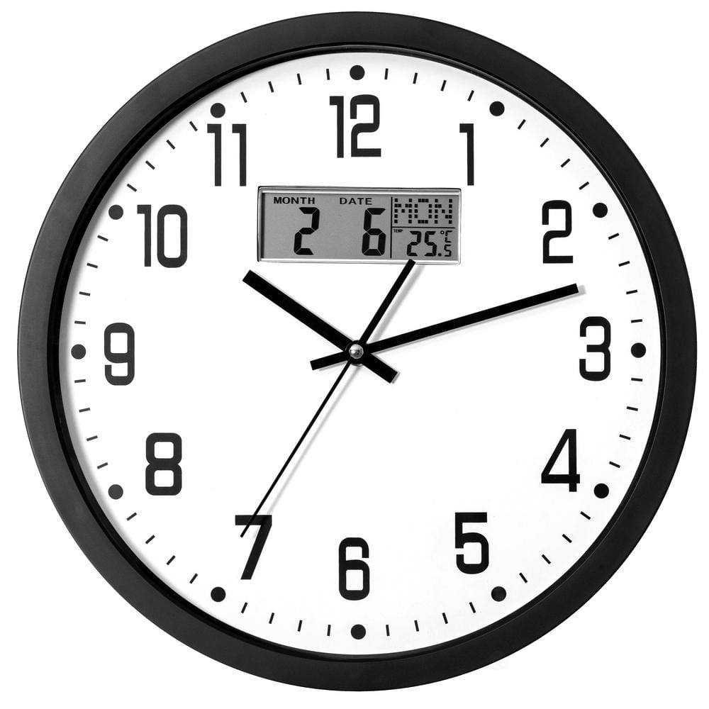 CLOCKWISE 14 in. Black Wall Clock, Non-Ticking Analog and Digital ...