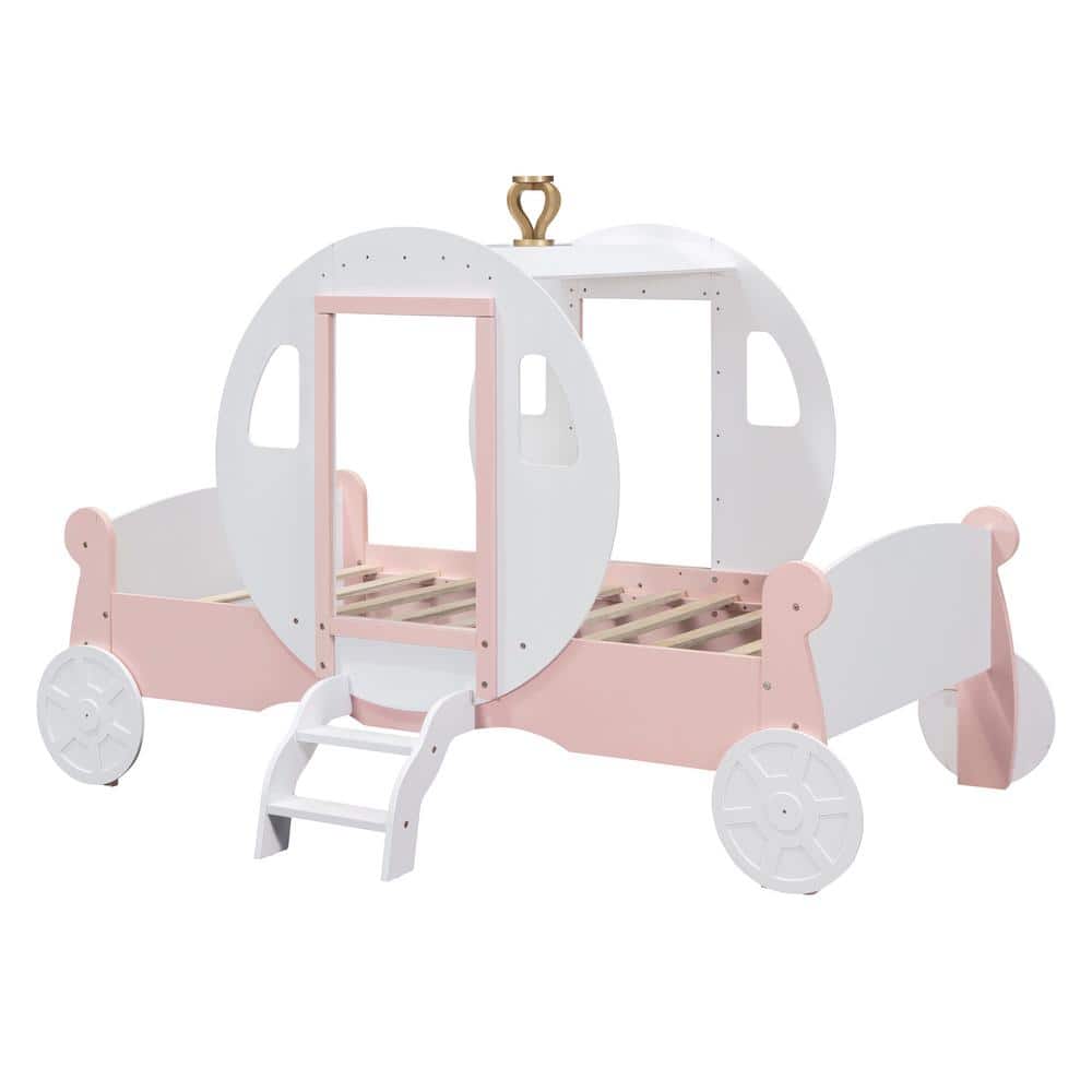 Polibi White Twin Princess Carriage Kid Bed with Crown, Wood Platform ...