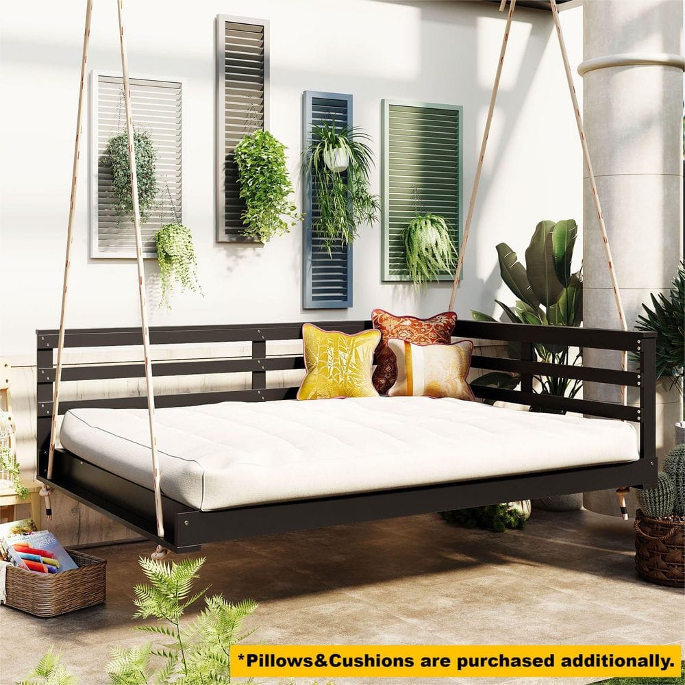TIRAMISUBEST 2-Person Acacia Wood Porch Swing Bed with CushionGuard ...