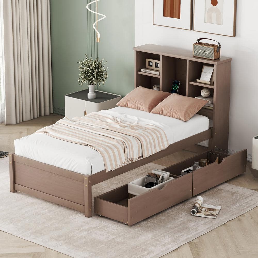 Nestfair Walnut Brown Wood Frame Twin Size Platform Bed with Built-in ...