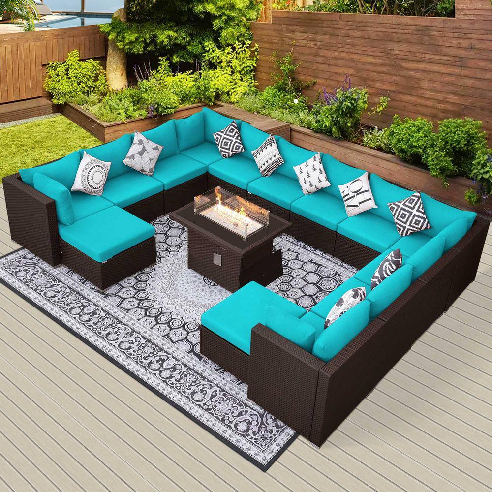 NICESOUL 15-Piece Large Size Patio Brown PE Wicker Patio Sofa Set with ...