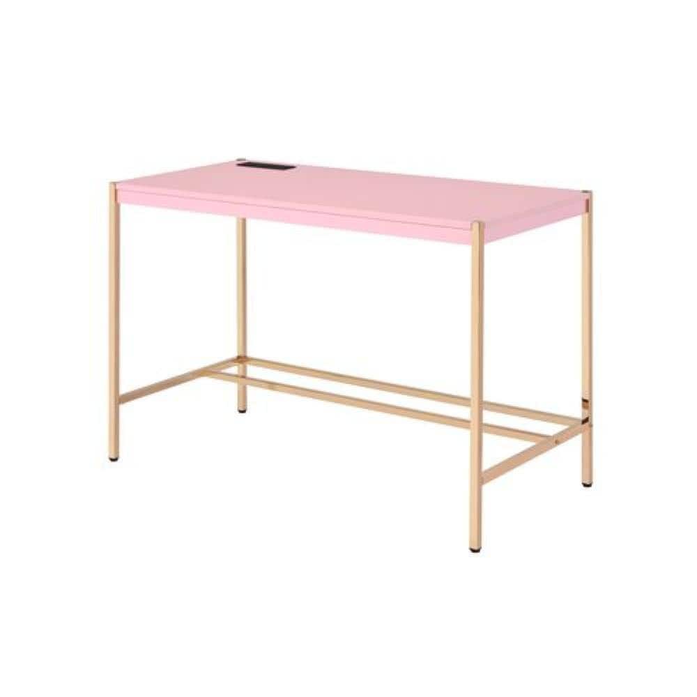 Benjara 20 in. Rectangular Pink and Gold Wood Top 0-Drawer Writing Desk ...