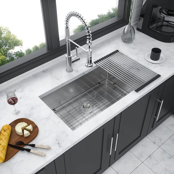 SINKDIRECT 32 in. Handmade Undermount Single Bowl 16-Gauge Small Radius ...
