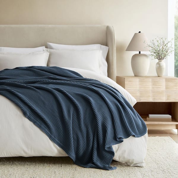 Becky Cameron Navy 100% Cotton Soft Waffle Weave Queen Bed Blanket BL ...