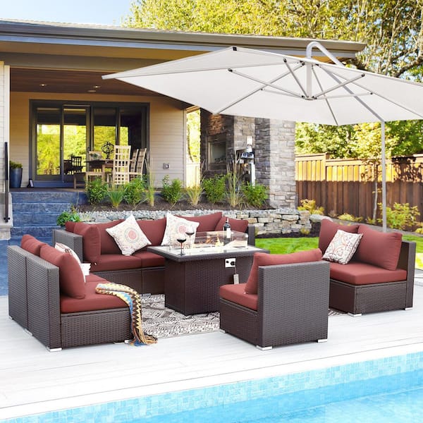 9 Pieces Brown Wicker Outdoor Sectionals Patio Furniture Set Conversation Set with Fire Pit ...