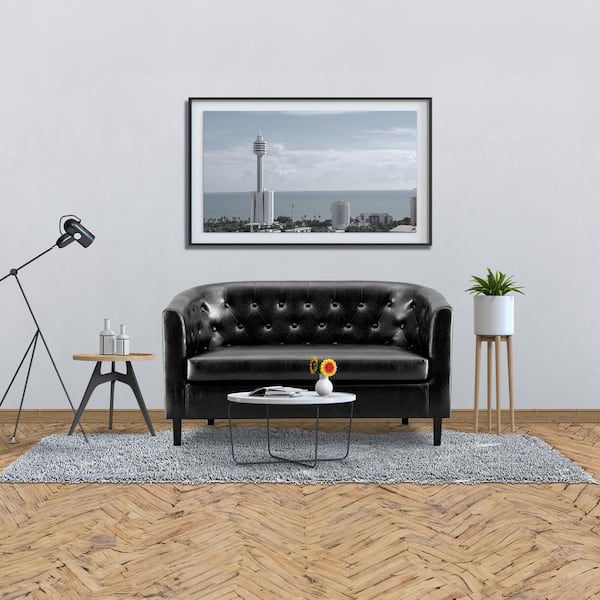 MAYKOOSH 48 in. Black Love Seat Button Tufted Faux Leather Barrel Loveseat Midcentury Modern 2 Seater Couch Small Loveseat 11297HD