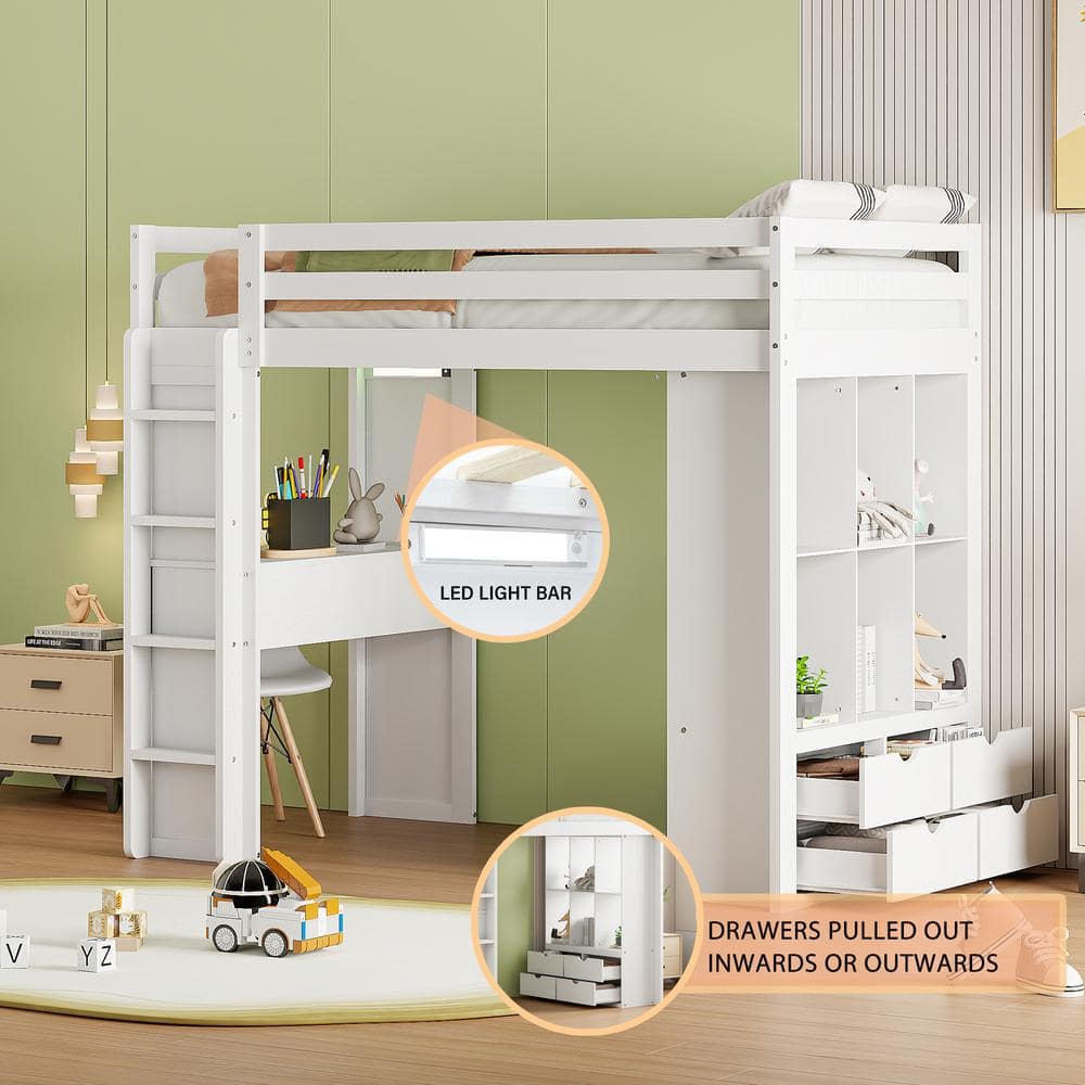 Harper & Bright Designs White Wood Twin Size Loft Bed with Multiple ...