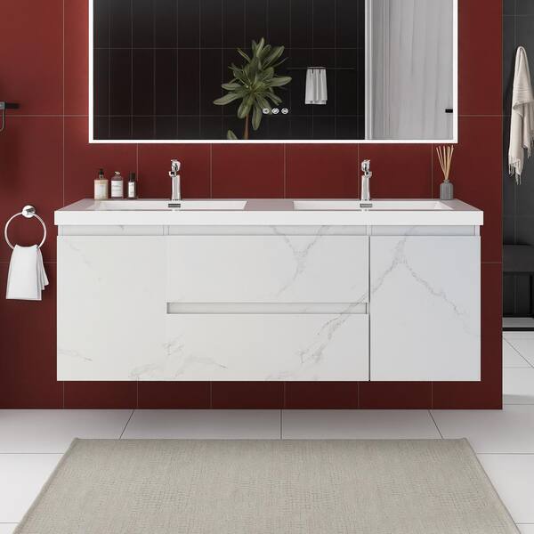 JimsMaison 60 in. Double Sink Wall-Mounted Cararra Bathroom Vanity with ...