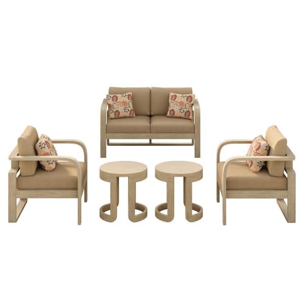 CORVUS Antique White 5-Piece Acacia Wood Patio Conversation Set with ...