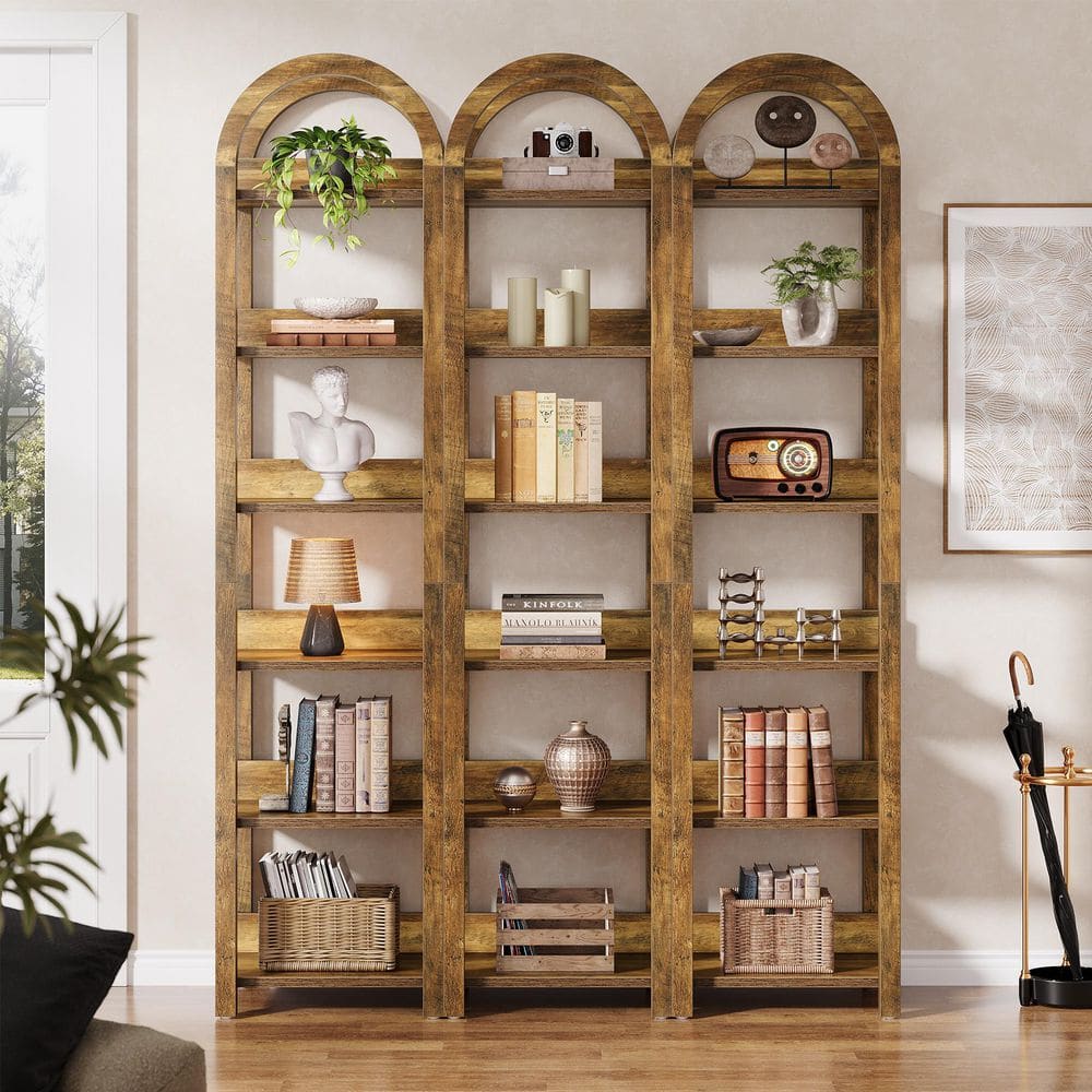 BYBLIGHT Eulas 71 in. 3-Piece Tall Brown Wood Arched Bookshelf Narrow ...
