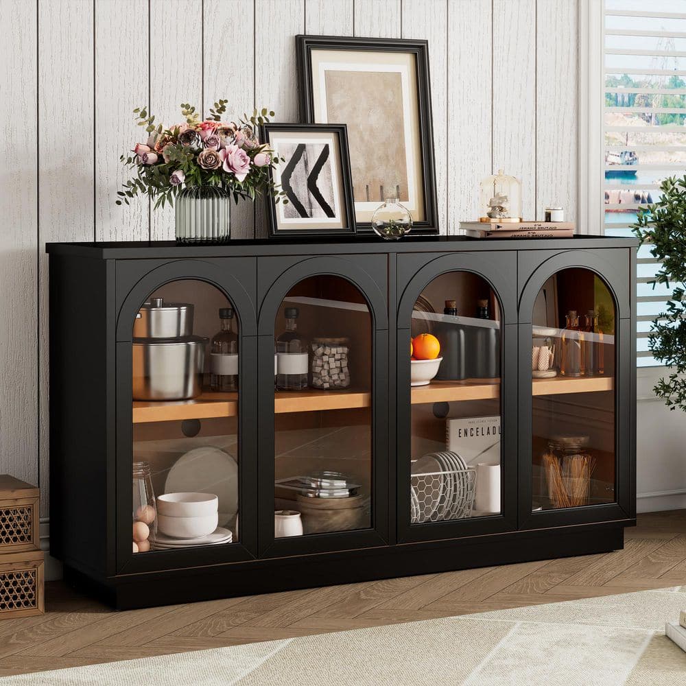 Harper & Bright Designs Black Wood 57.7 in. Buffet with 4-Glass Doors ...