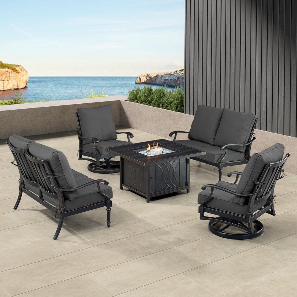 Oakland Living Black 5-Piece Aluminum Patio Fire Table Set with Black ...