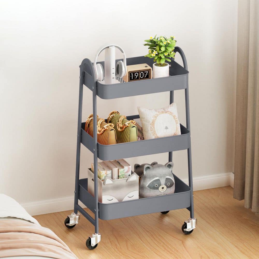 Otryad 3-Tier Gray Metal Rolling Cart, Utility Storage Organizer ...
