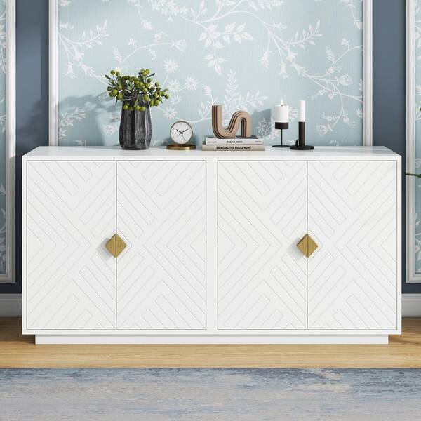 JUJABU White MDF 60 in. Large Storage Space Sideboard with Wooden ...