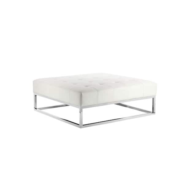 Benjara White and Chrome Faux Leather Square Accent Ottoman BM313536 ...