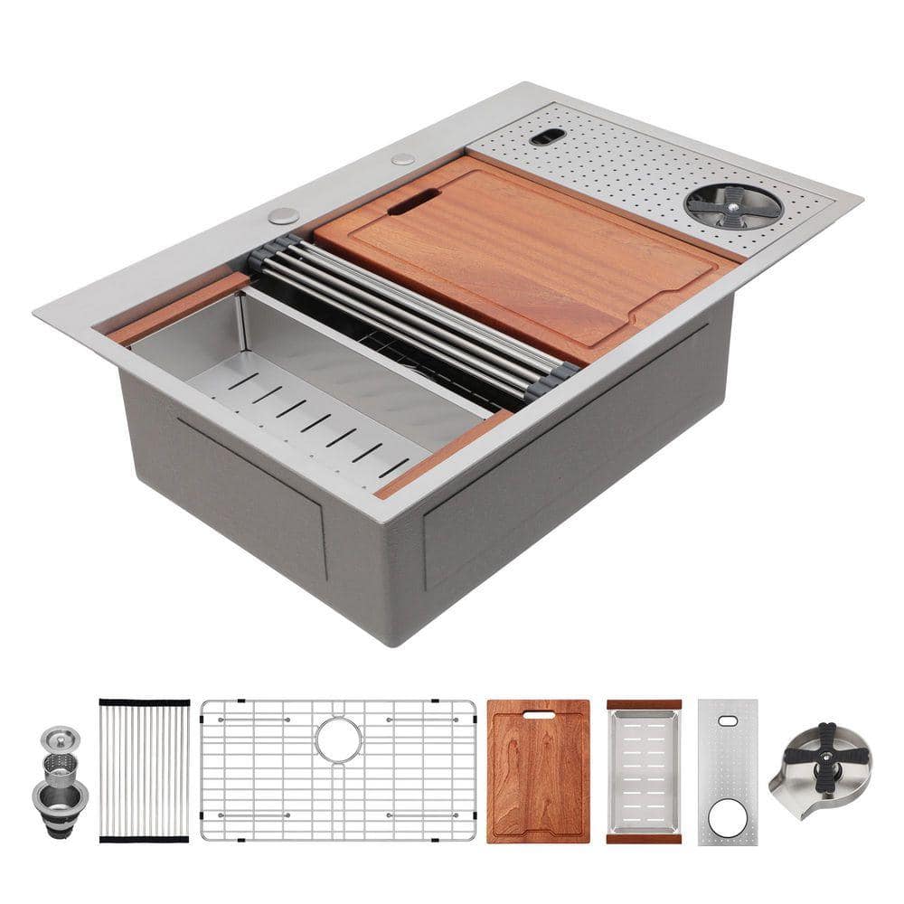 Qidian 33 in. Drop in Single Bowl 16-Gauge Brushed Nickel Workstation ...