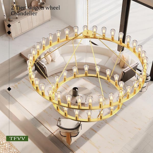 BeamBox 60 in. 54-Lights Gold Metal Wagon Wheel Chandelier, 2-Tier Farmhouse Round Pendant Light ...