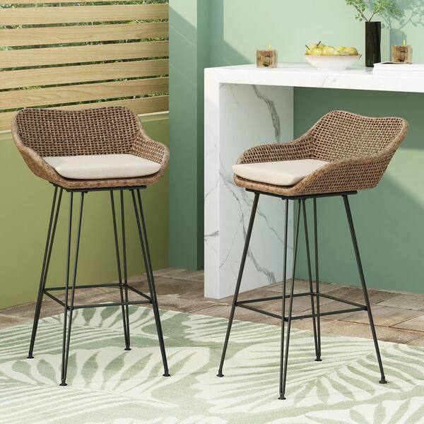 Coporesell Light Brown Wicker and Iron Low Back Outdoor Bar Stool with ...