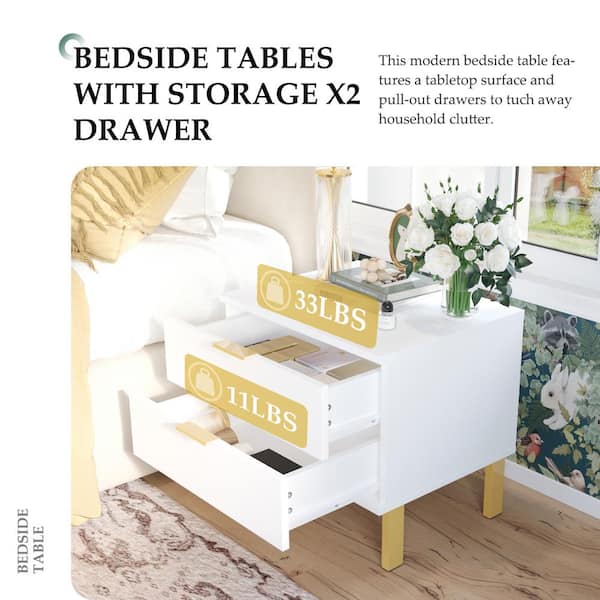 FUFU&GAGA 2-Drawer White Wooden Nightstand Bedside Table FUFU&GAGA 2-Drawer White Wooden Nightstand Bedside Table
