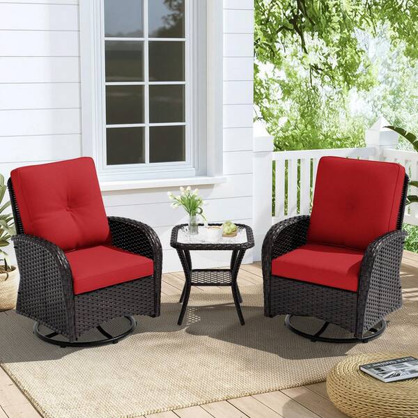 PremDwell 3-Piece Dark Brown Wicker Outdoor Rocking Chairs with Red ...