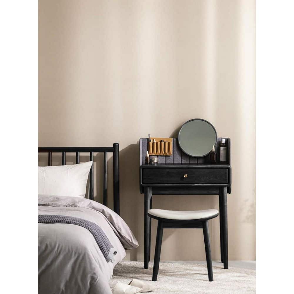 Numhew Black Oak Wood 18.12 in. Tall Makeup Vanity Stool with Concave ...