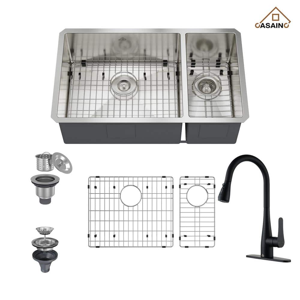 CASAINC 32 in. Undermount Double Bowl 18 Gauge All-in-One Stainless ...
