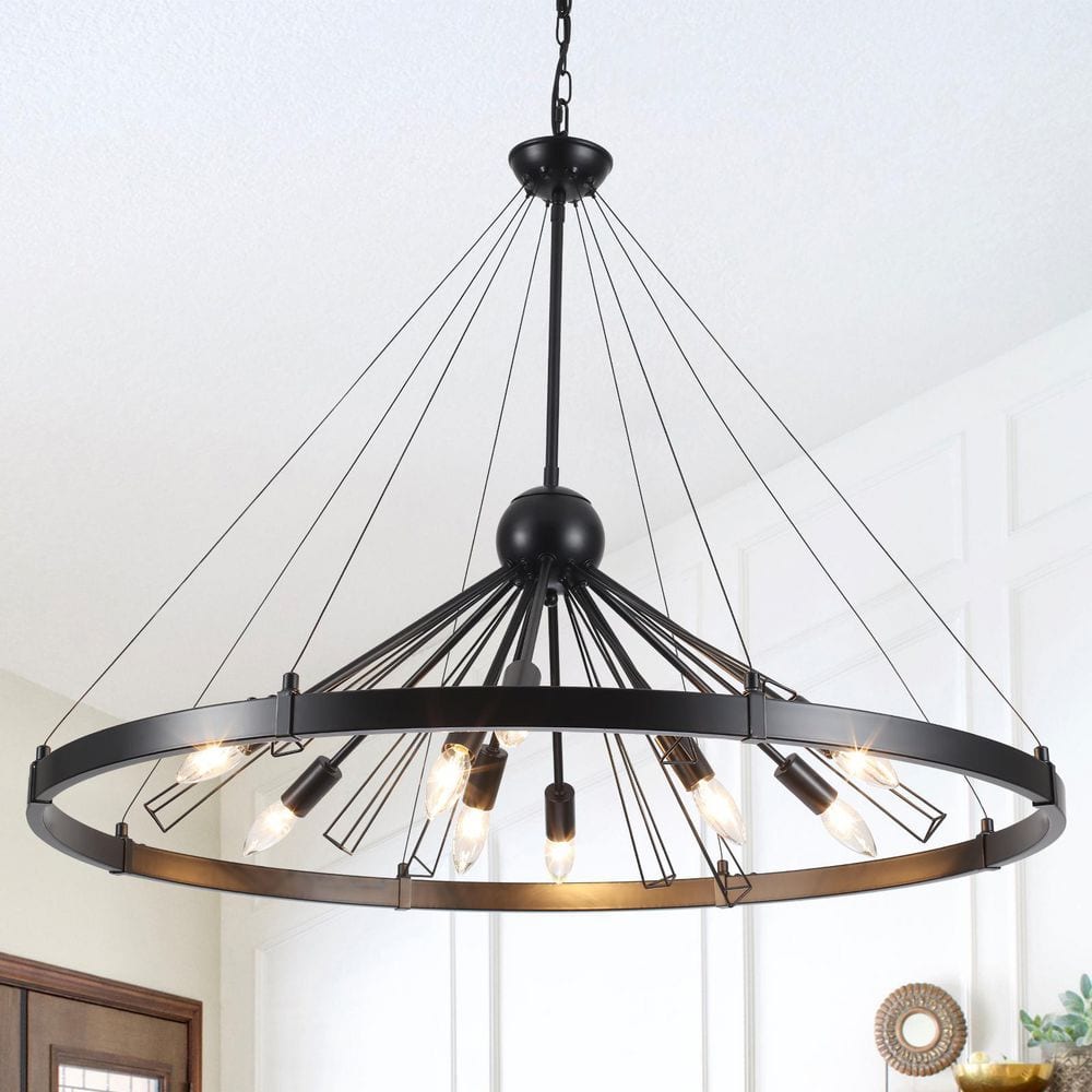 ETONIMERR 9-Light Black Candle-Style Wagon Wheel Chandelier-Ideal for ...