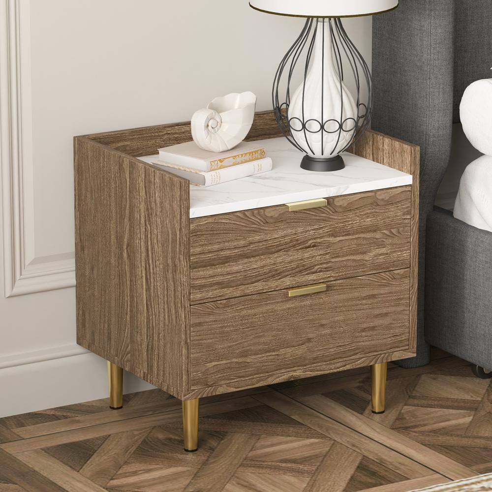 Harper & Bright Designs Walnut (Brown) Modern Nightstand with 2-Drawers ...