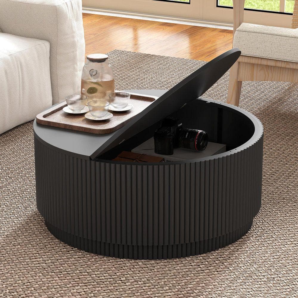 ATHMILE 31.5 in. Black Round MDF Storage Coffee Table with A Flip-out ...