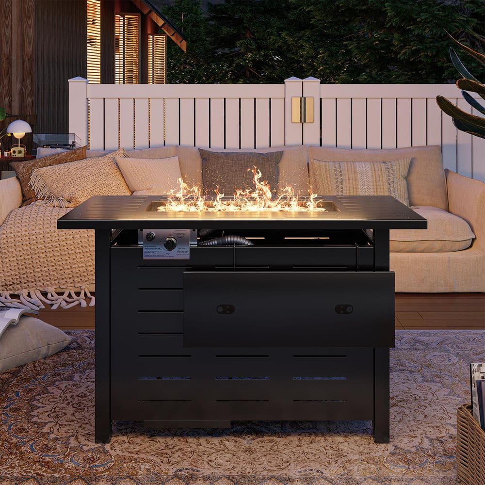 Sizzim 40 in. Outdoor Metal Rectangular Propane Gas Fire Pit Table with Glass Wind Guard and ...