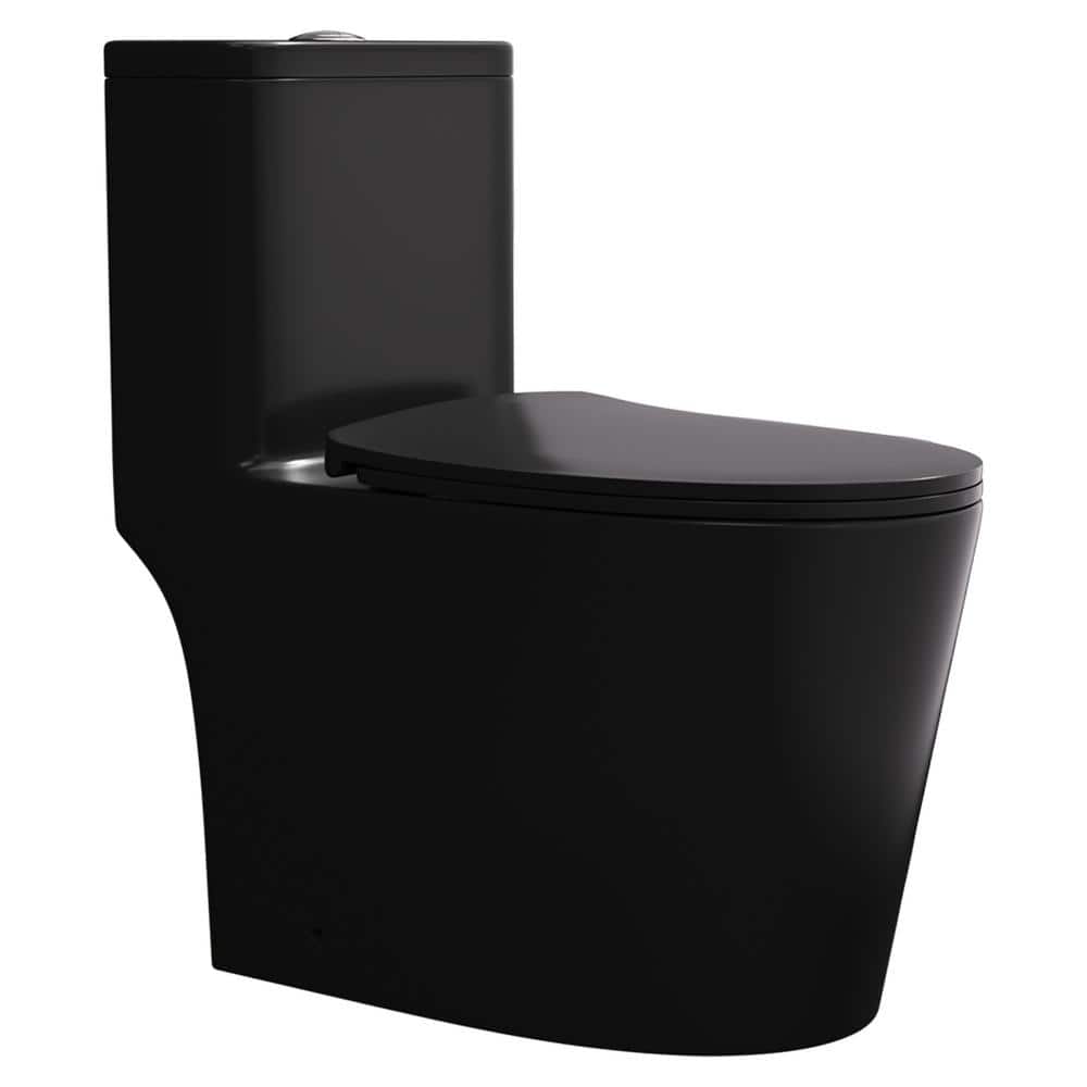 BWE 1-Piece 0.8/1.28 GPF Dual Flush Elongated Toilet 12 in. Rough-In in Matte Black Seat ...