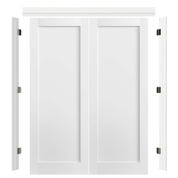 TENONER 64 in. x 80 in. 1 Panel Core White Primed Solid Core Pine Wood Double Pre-hung French ...