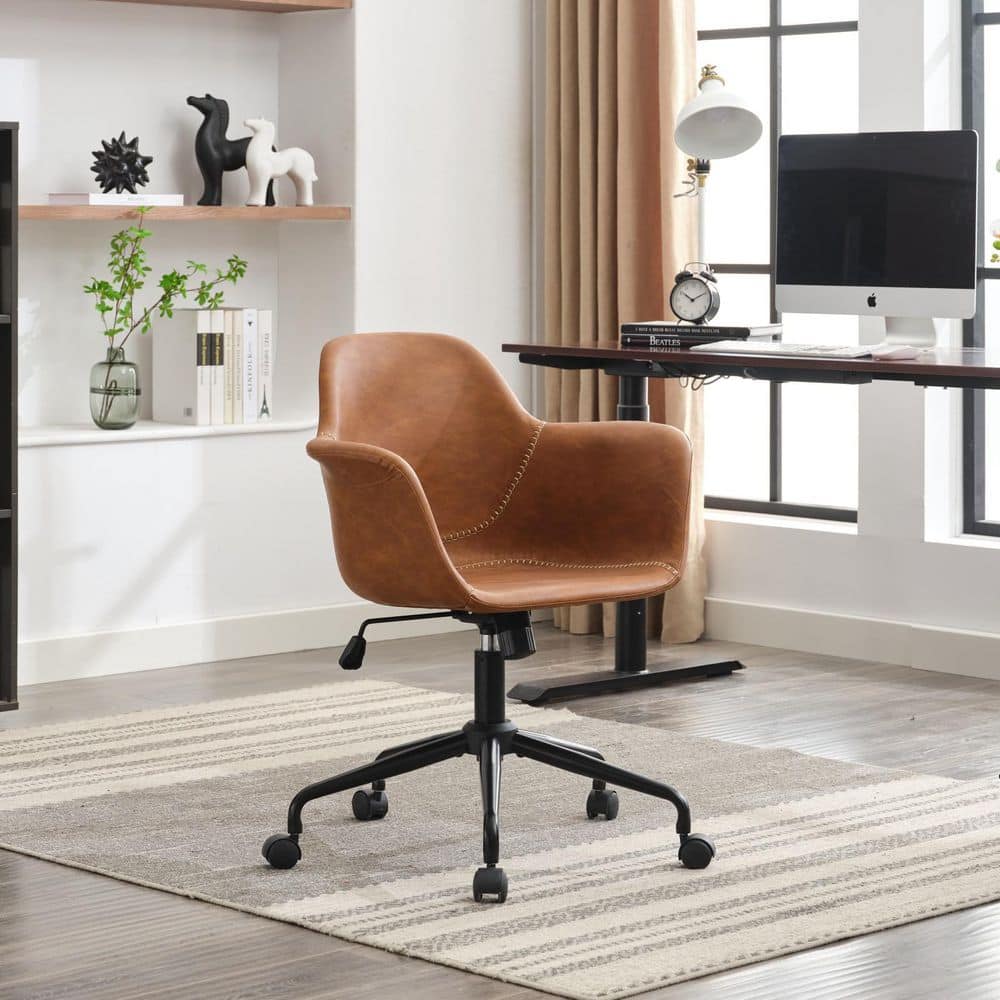 Seafuloy Leather Mid-Century Adjustment Height Swivel Office Chair in Brown with 40° Recline JM ...