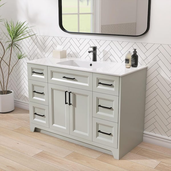 Zeafive 48 in. Single Sink Freestanding Light Gray Bath Vanity with White Solid Surface Top ...