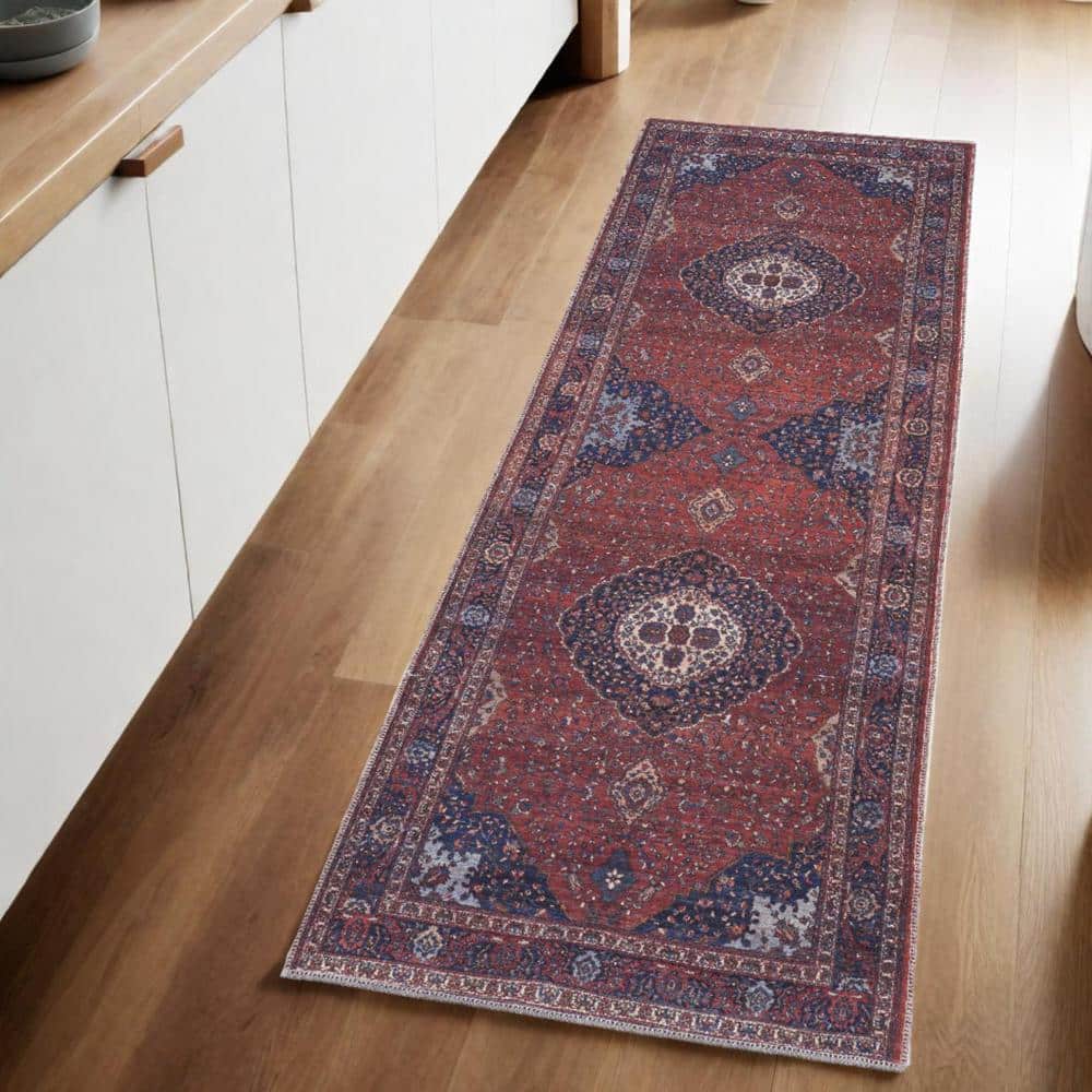 HomeRoots Red Blue and Tan 3 ft. x 8 ft. Floral Area Rug 2000515096 ...