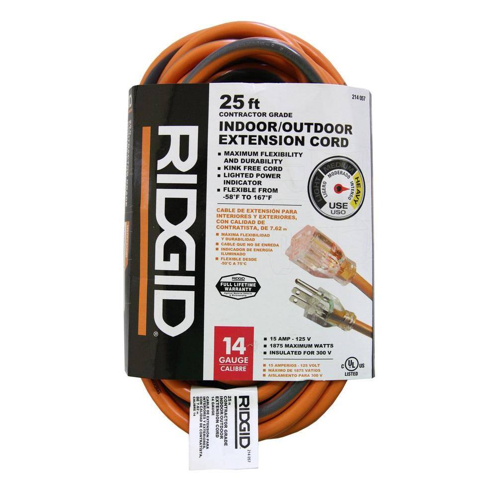 RIDGID 25 ft. 14/3 Heavy-Duty Contractor-Grade Indoor/Outdoor Extension ...