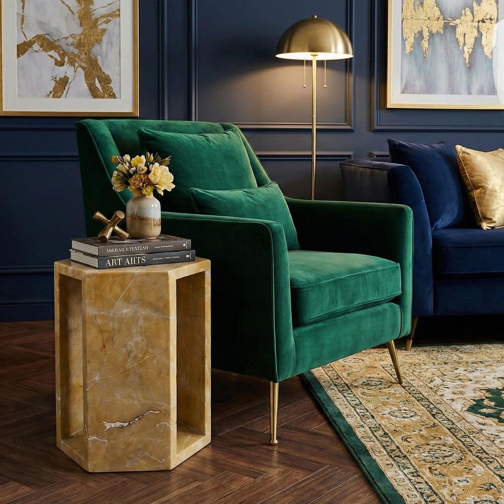 Noble House Aoibhe 12.6 in. Gold Hexagon Marble Stone End Table ...