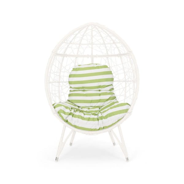 Tenleaf White Wicker Rattan Egg Outdoor Lounge Chair with White-Green ...