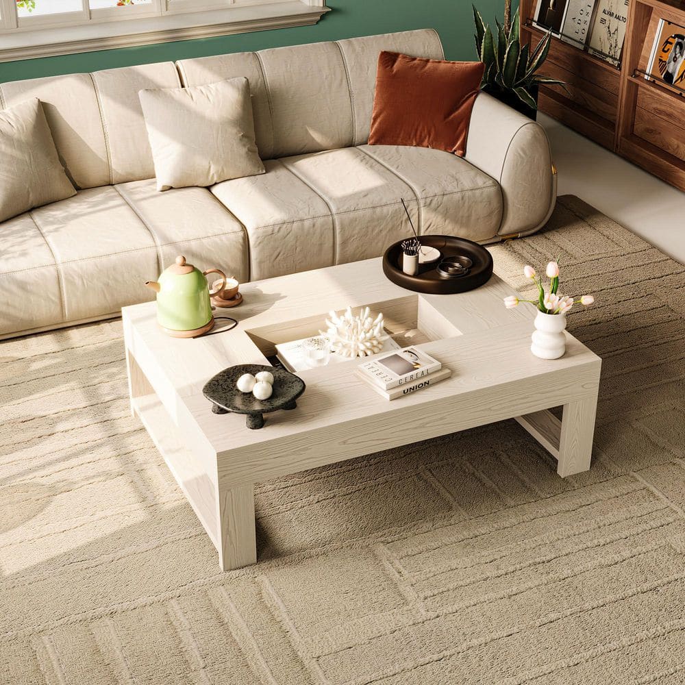 FUFU&GAGA 47.2 in. White Rectangle Wood Coffee Table with Recessed ...