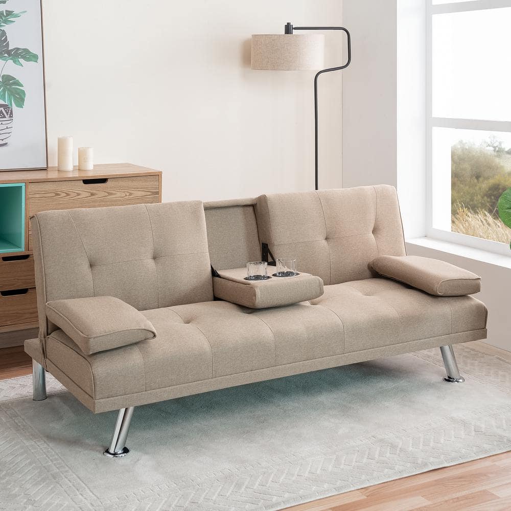MAYKOOSH Beige Linen Futon Sofa Bed with Armrest and 2-Cup Holders ...