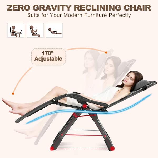 BOZTIY Folding Zero Gravity Metal Frame Recliner Outdoor Lounge Chair With Side Tray Adjustable Headrest Gray Cushion K16ZDY 12HD01