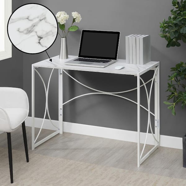 Convenience Concepts Nova 39.5 in. Rectangle White Faux Marble White Engineered Wood Desk with Folding Legs R7 157