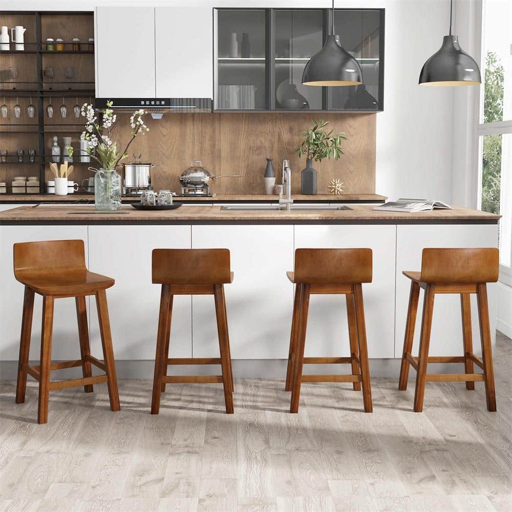 Costway 24.5 in. Brown Wood Bar Stools with Solid Back and Seat Mid ...
