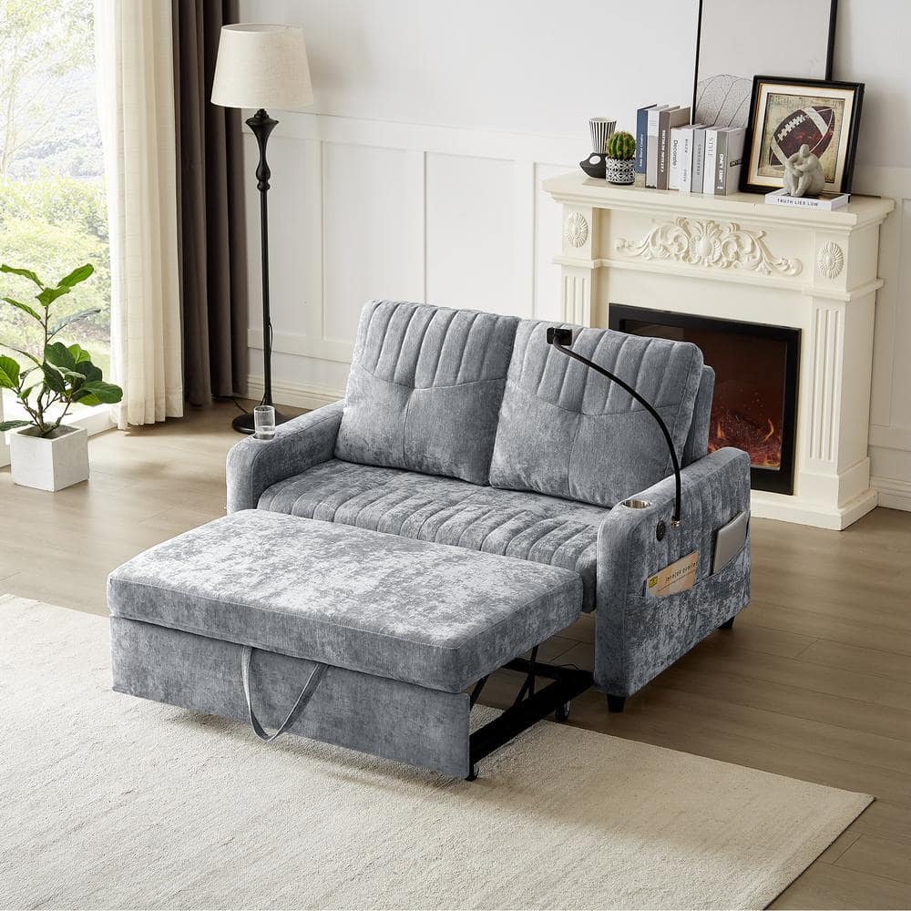 Nestfair 53.9 in. Gray Chenille Pull Out Twin Size Sofa Bed with ...